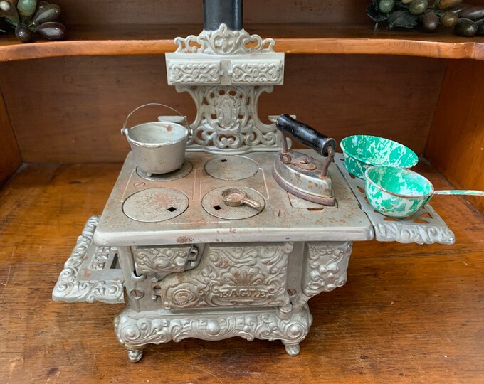 Toy Cast Iron and Tin Crescent Stove, Vintage Toy Wood Burning Kitchen ...