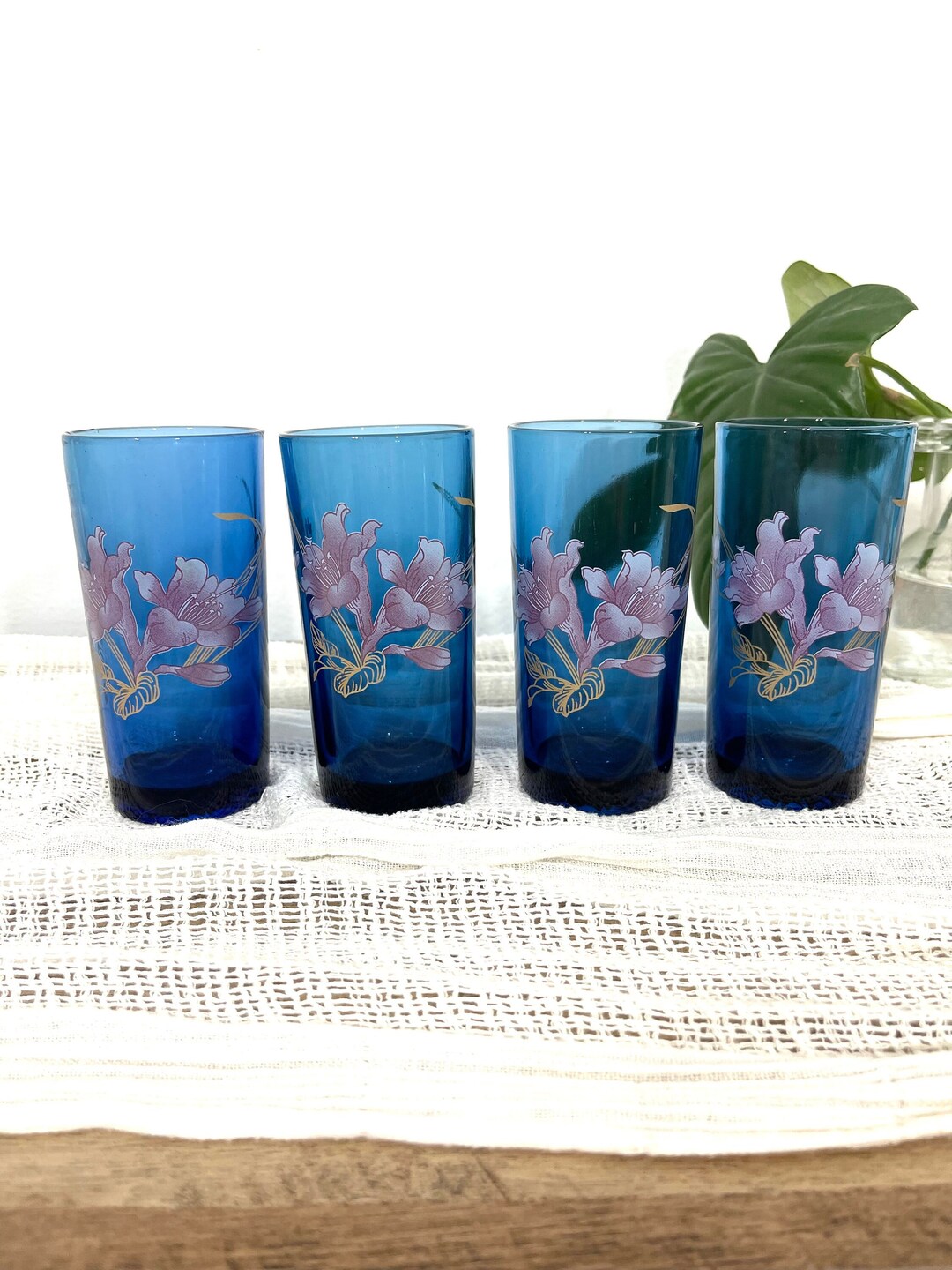 Vintage Blue Juice Glasses With Pink Lily Print | Small Deep Blue Wine ...