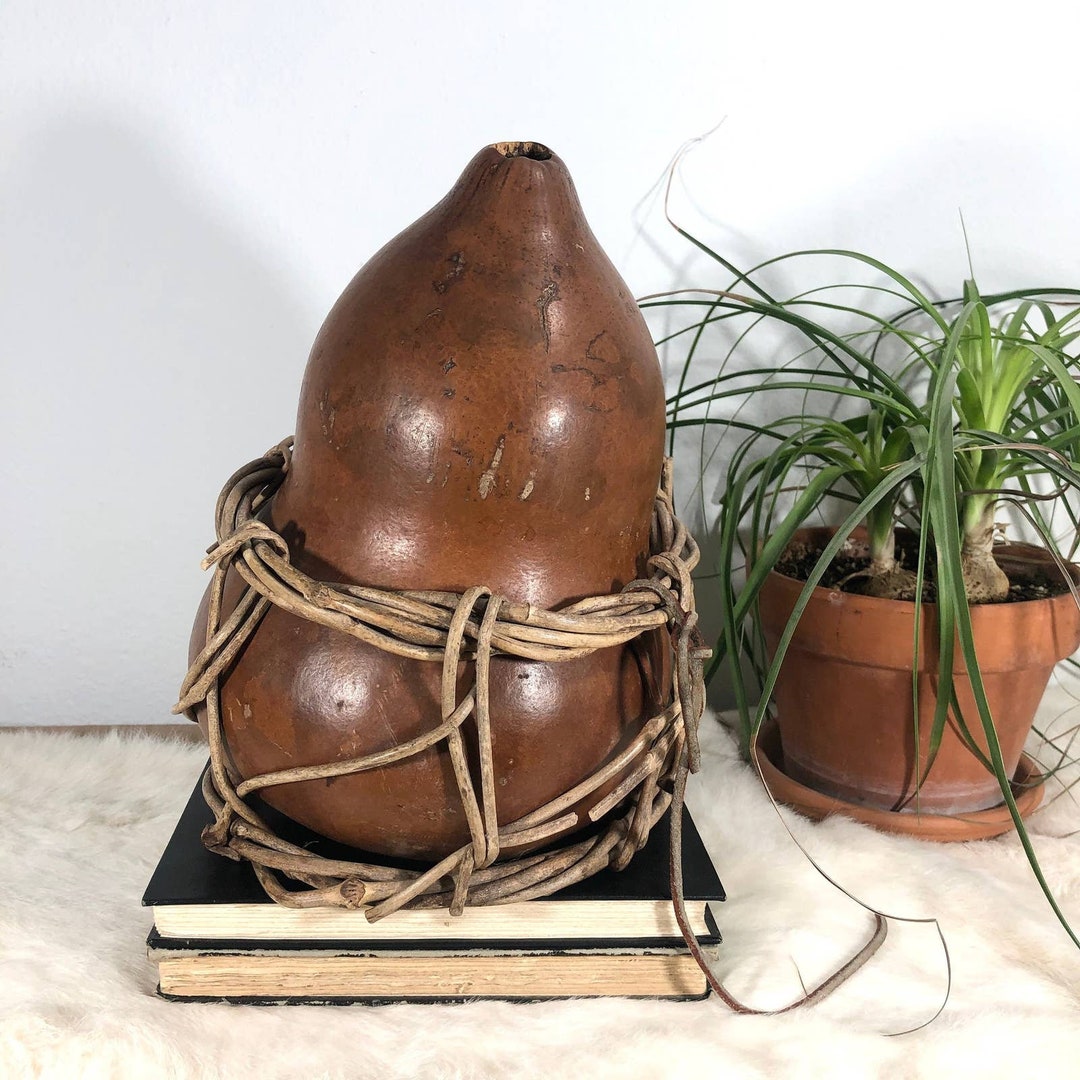Large Rustic Rattan-wrapped Gourd / Handcrafted Wood-wrapped Gourd ...