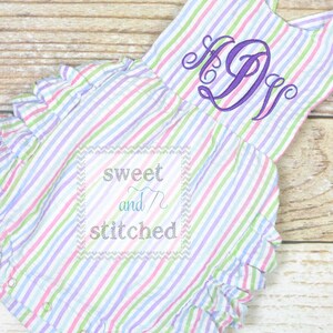 Monogrammed Baby Girl Rainbow Ruffle Bubble With Hot Pink Monogram, Seersucker Girls Bubble ...