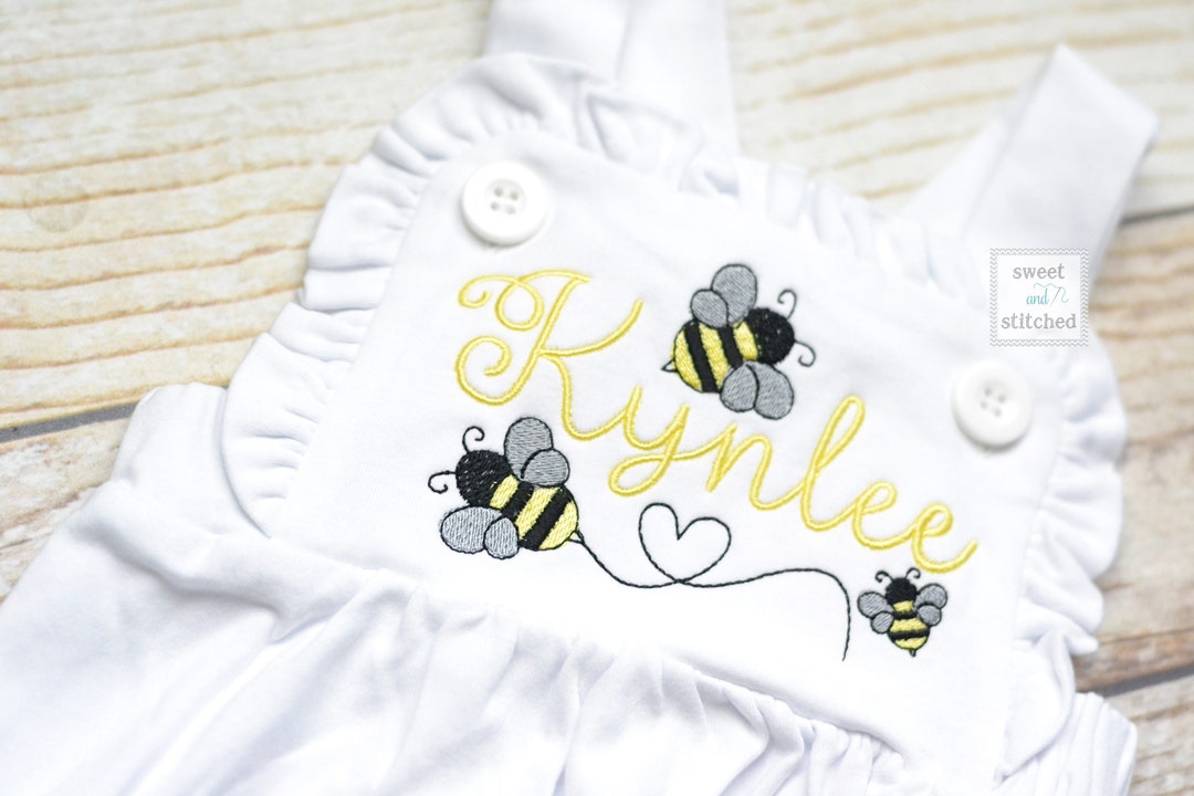 Monogrammed Baby Girl Cake Smash Outfit With Bees and Name, Girls Bumblebee Birthday Bubble ...