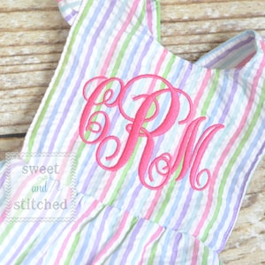 Monogrammed Baby Girl Rainbow Ruffle Bubble With Hot Pink Monogram, Seersucker Girls Bubble ...