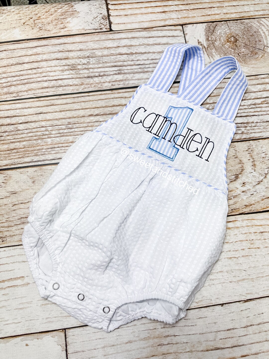 Monogrammed Baby Boy Birthday Romper With 1 and Name in Seersucker ...