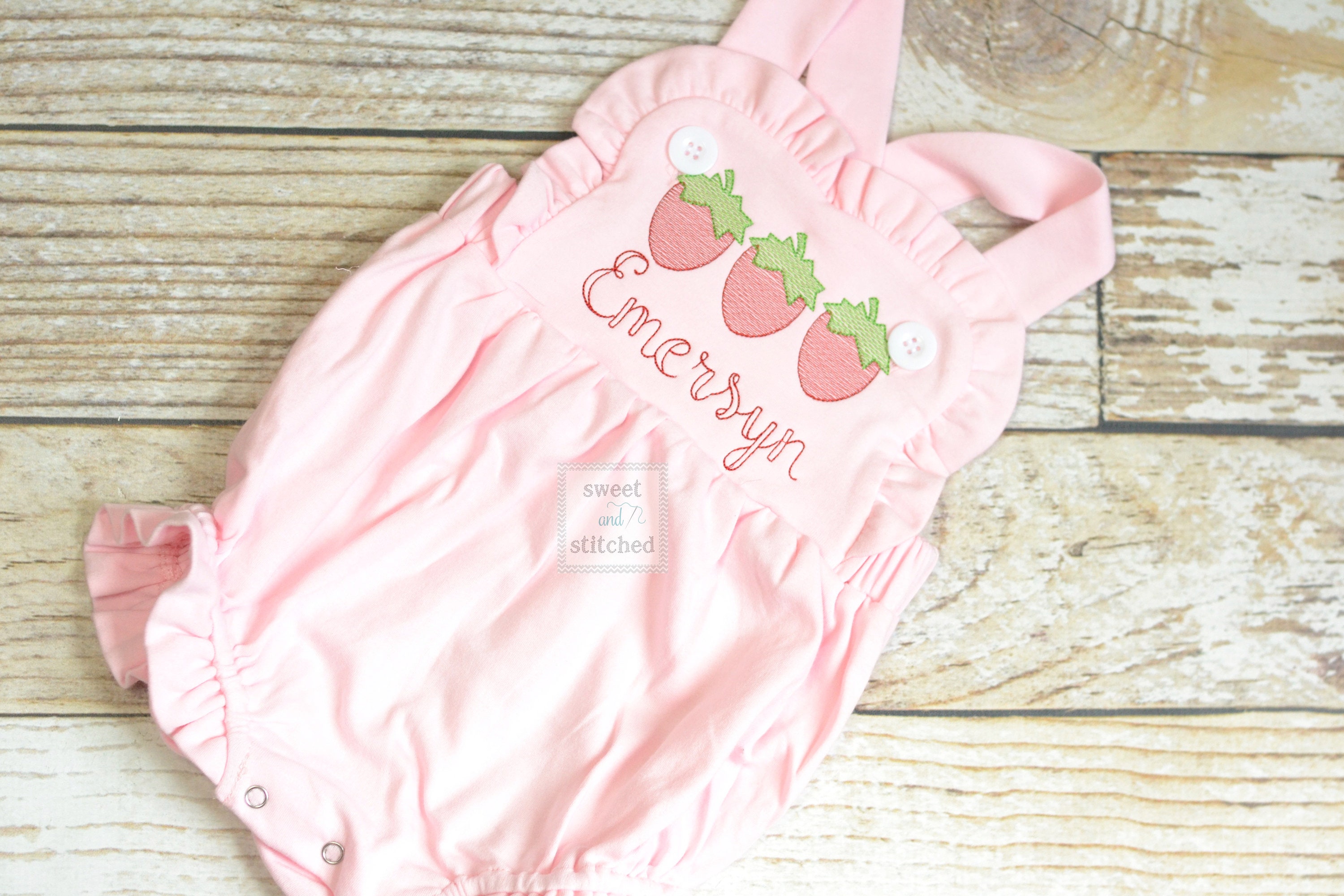 Monogrammed baby girl pink ruffle bubble with strawberries | Etsy