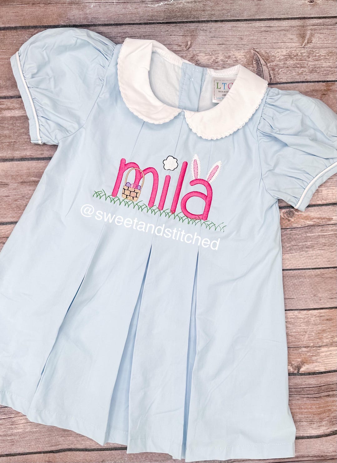 Girls Monogrammed Easter Dress in Blue, Cotton Pleated Easter Dress ...