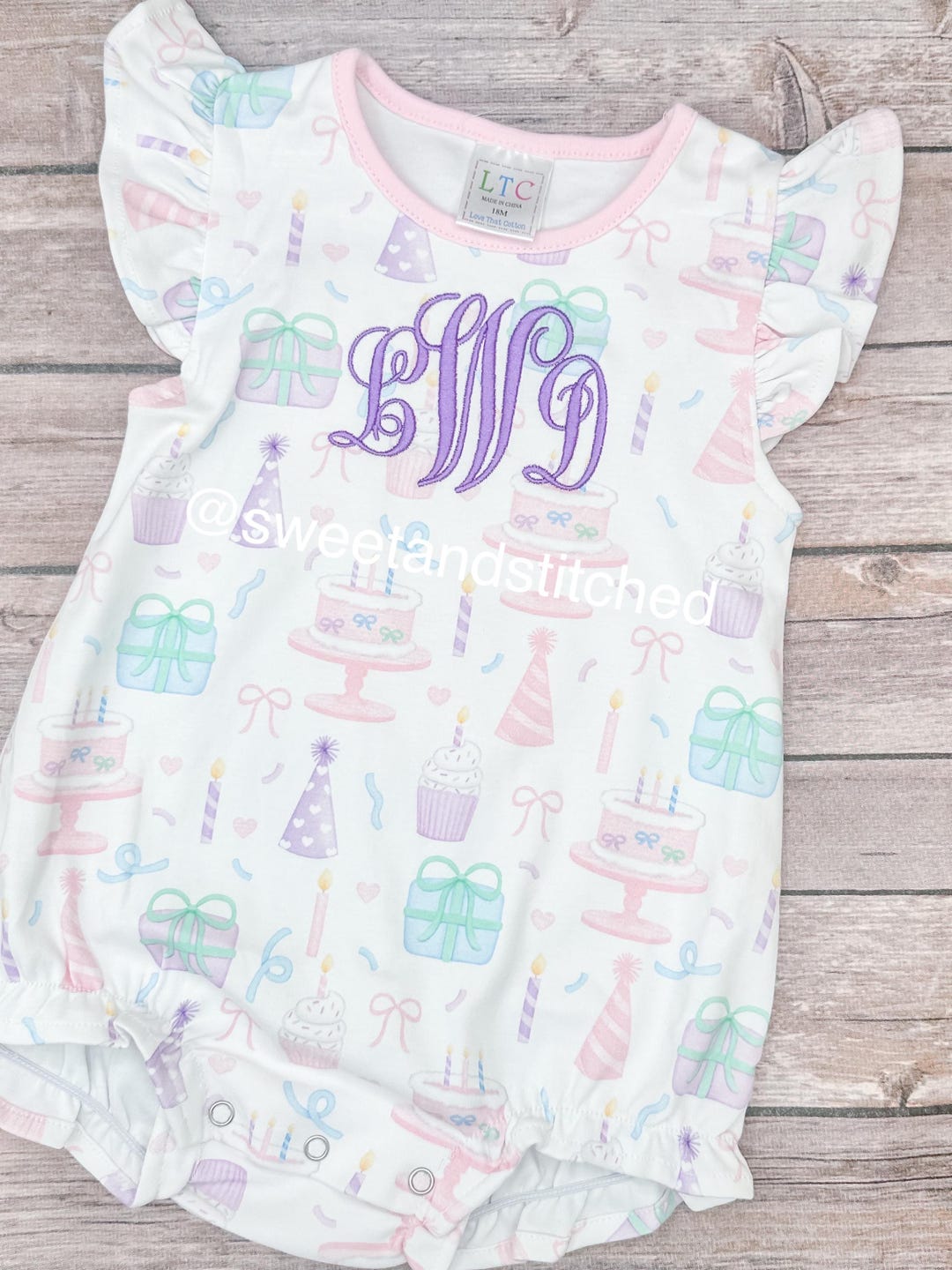 Monogrammed Baby Girl Cake Smash Outfit With Cakes, Party Hats, Candles ...