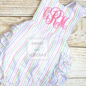 Monogrammed Baby Girl Rainbow Ruffle Bubble With Hot Pink Monogram, Seersucker Girls Bubble ...