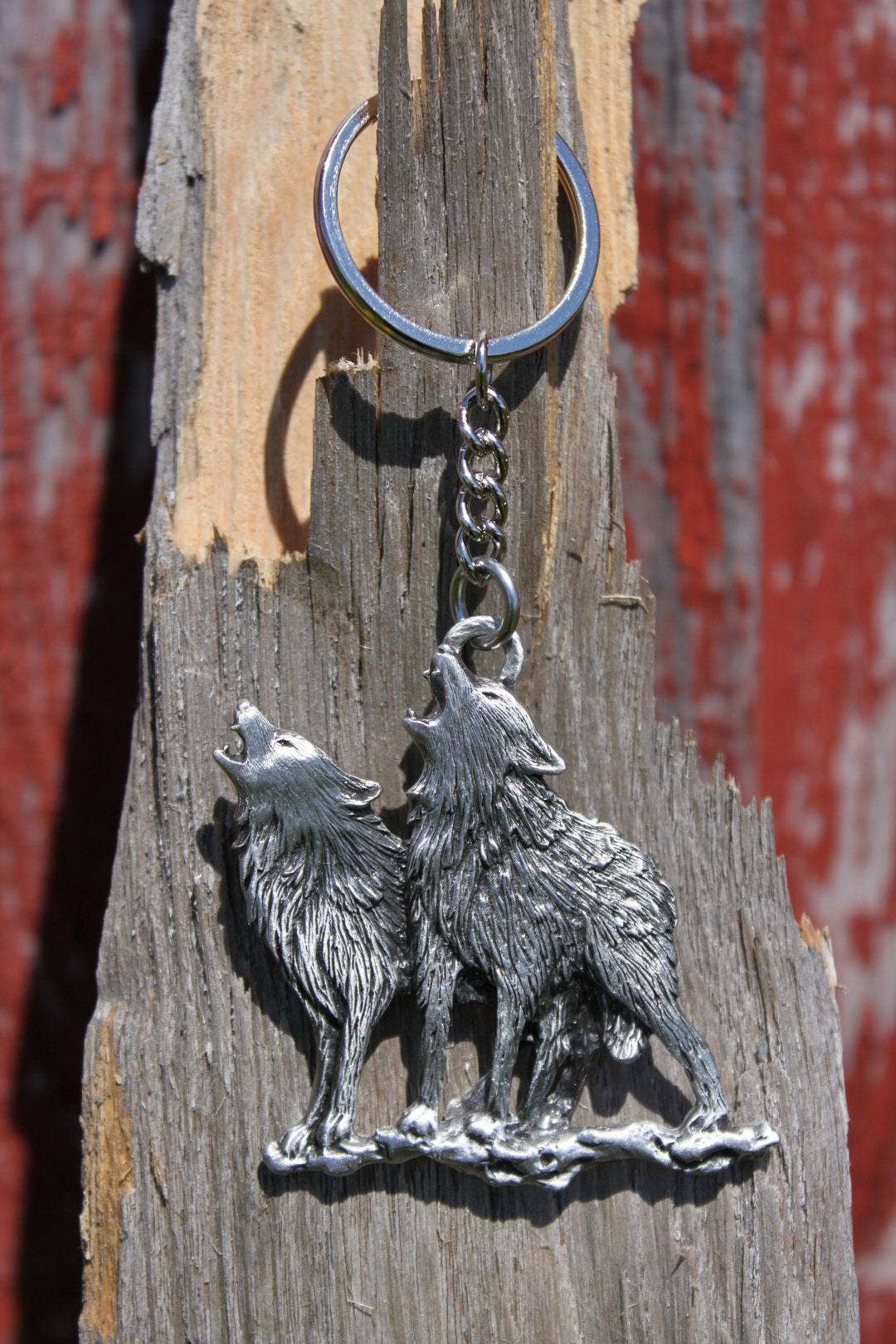 Wolf Keychain Made of Fine Pewter Howling Wolves Large Key Chain Gift ...