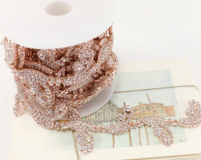 Rose Gold Rhinestone Leaf Trim, Rhinestone Chain, Clear Crystal Trim ...