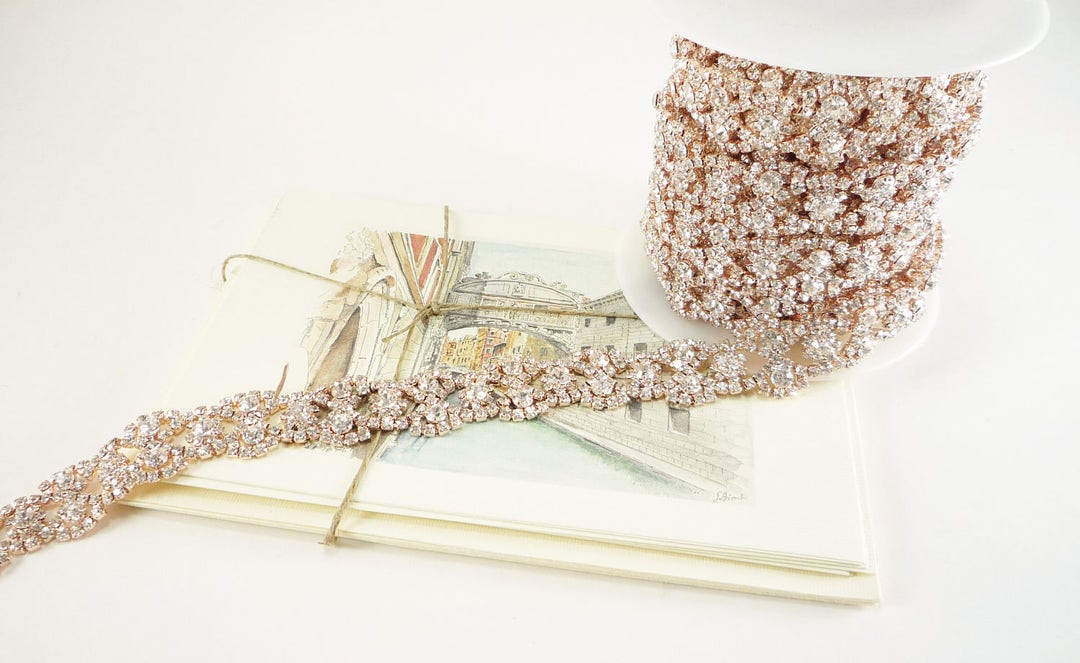 Rose Gold Rhinestone Luxury Border Trim, Clear Crystal Trim, Wedding ...