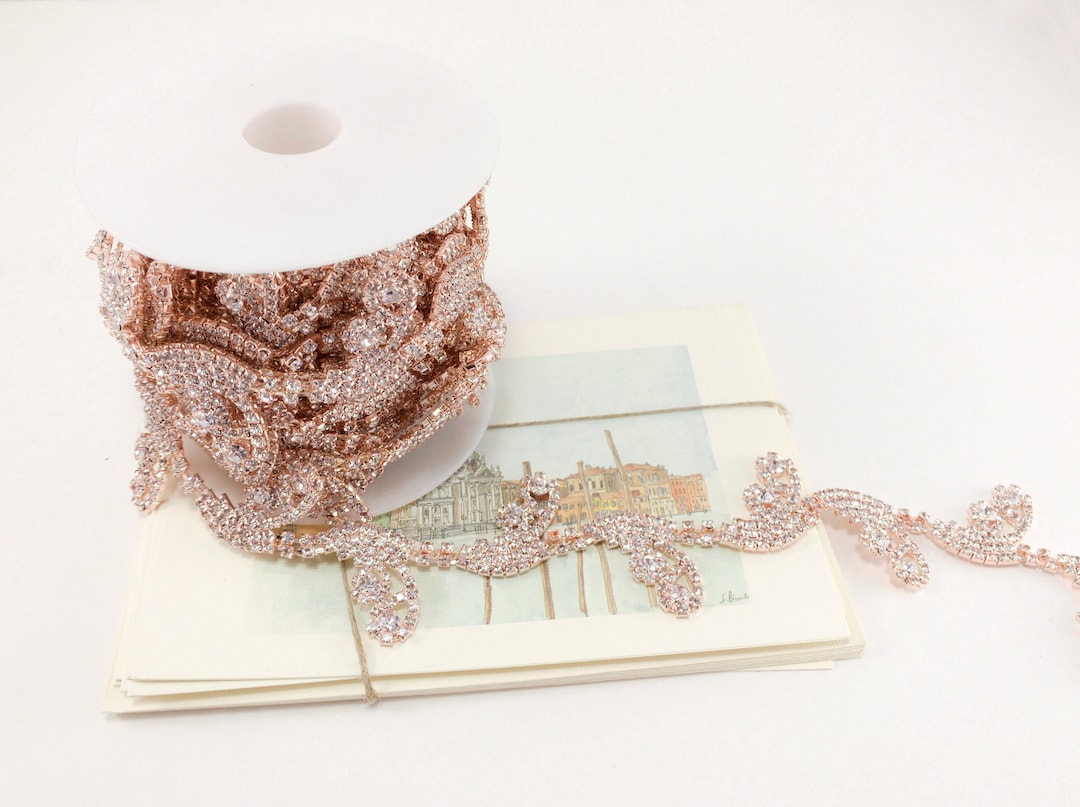 Rose Gold Rhinestone Leaf Trim, Rhinestone Chain, Clear Crystal Trim ...