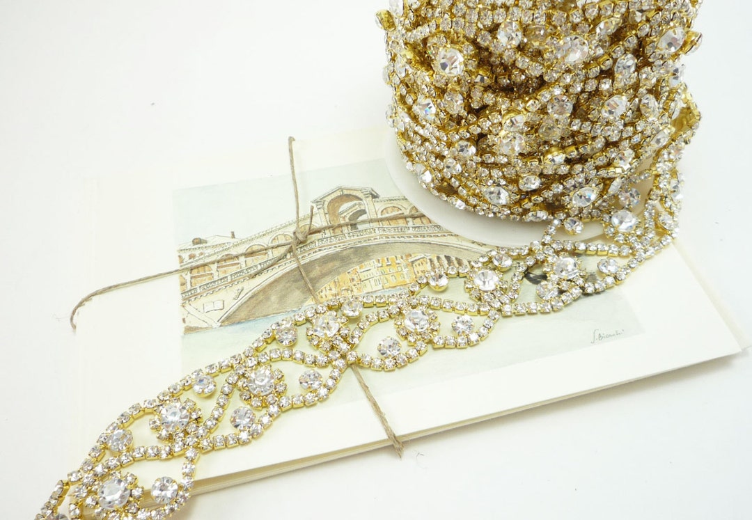 Gold Rhinestone Curly Border Trim, Rhinestone Chain, Rhinestone ...