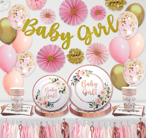Baby Shower Decorations Party Supplies Kit Tassel Tissue Pom Pom Paper Fan Plates and Napkins 16 Servings Rose Gold Foil Rose Floral Etsy