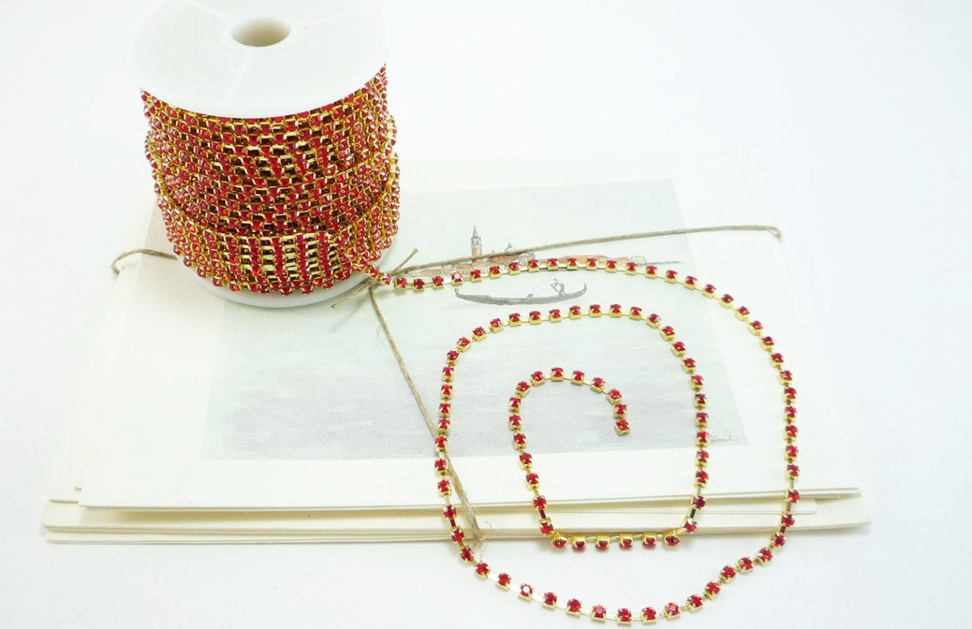 Gold Rhinestone Chain, Red Siam Crystal Cup Chain, (3mm / 1 Foot Qty ...