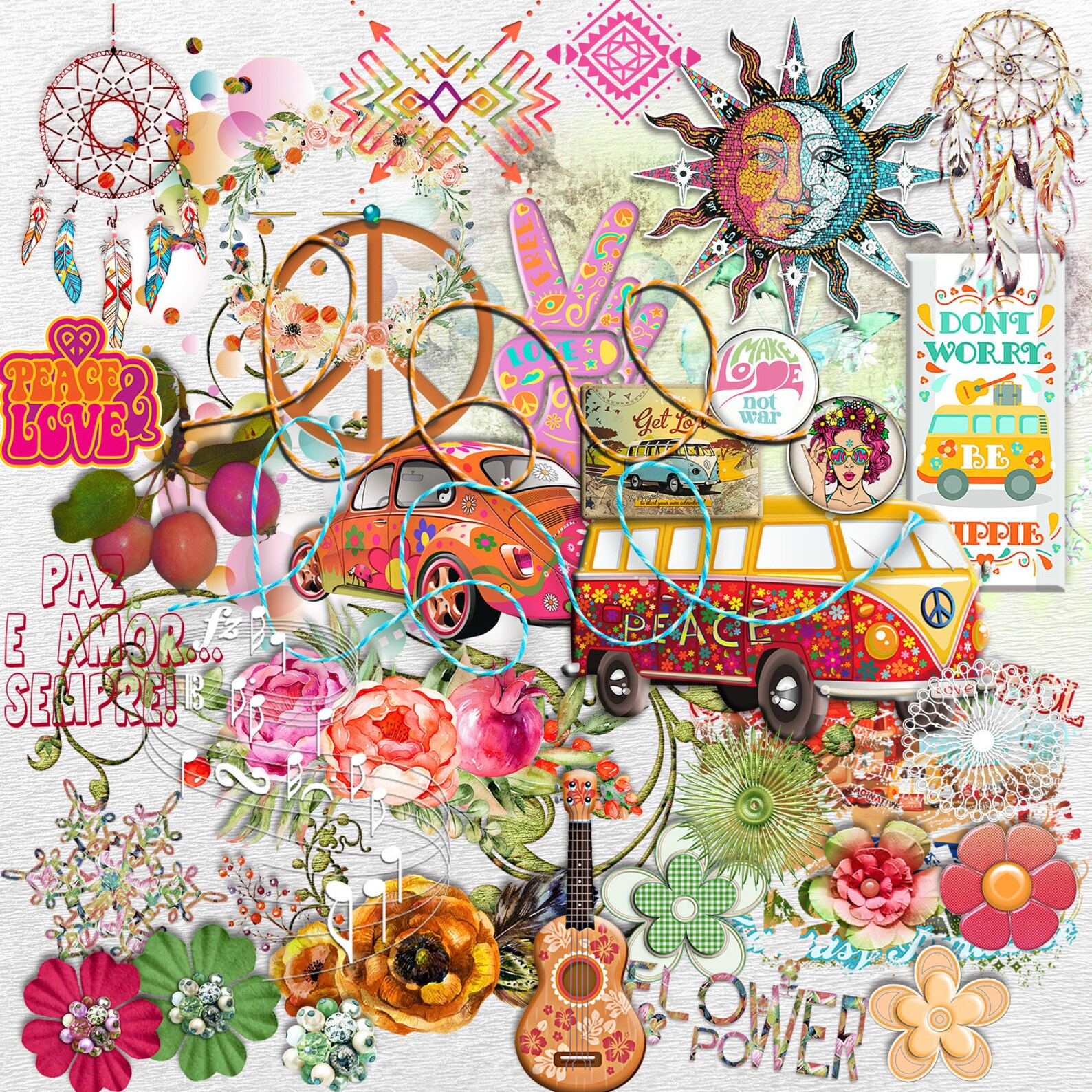 Digital Kit FLOWER POWER, Party, Hippie Party, the 70ths, Hippie - Etsy