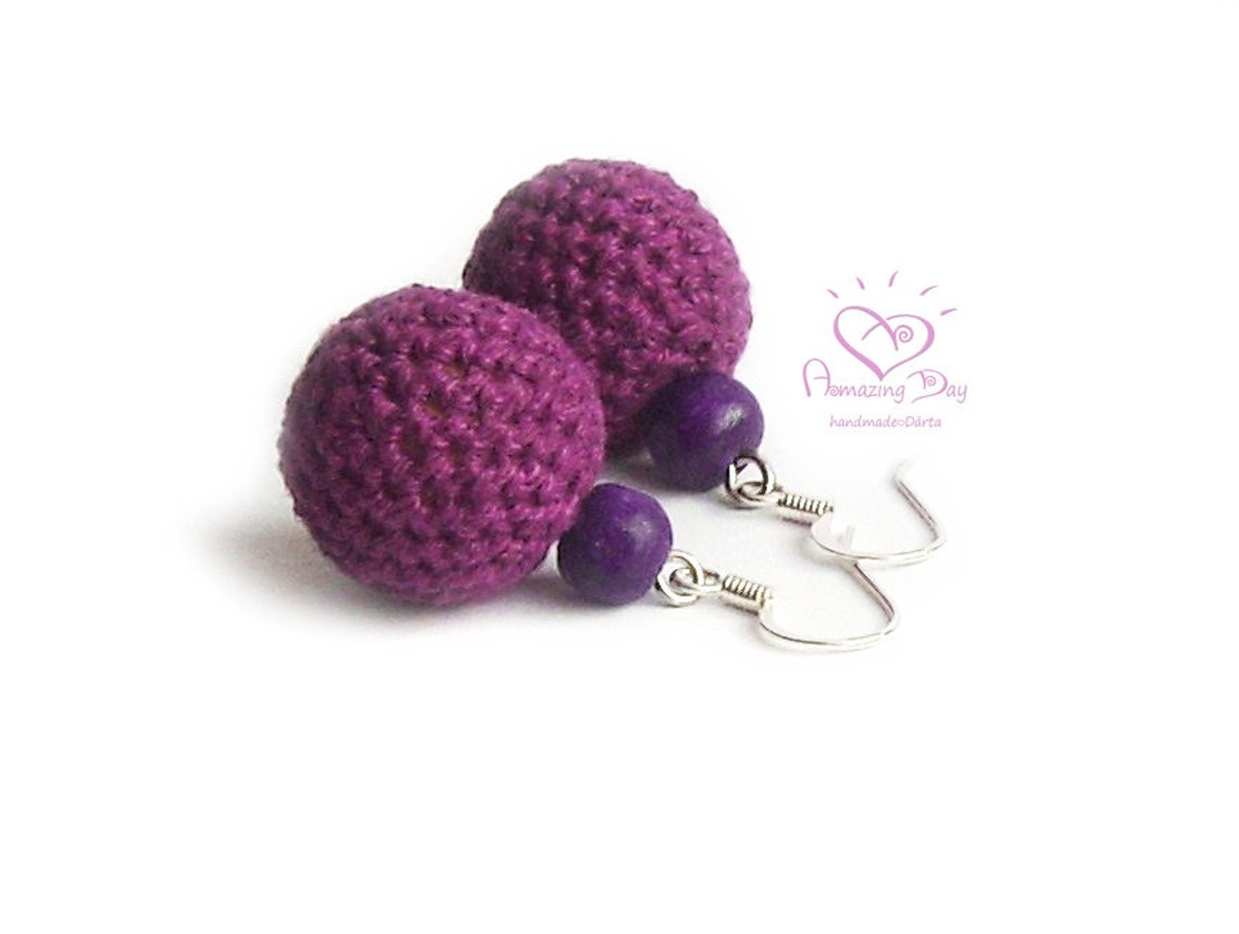 Bright LINEN EARRINGS Purple/ Blue/ Red Crochet Ball Earrings Violet ...