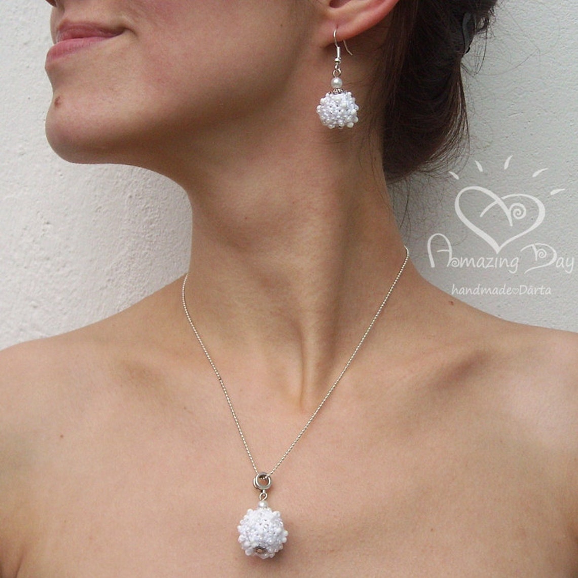 White Elegant Jewelry SET- Pendant Necklace & Earrings. Handmade Bridal ...