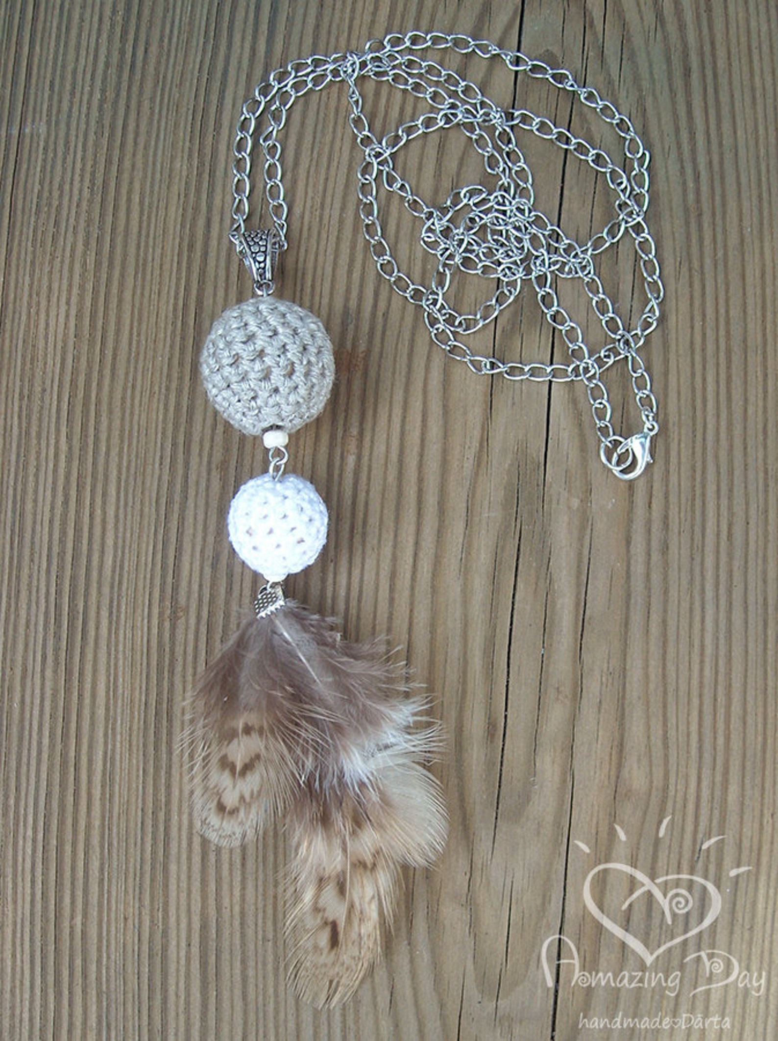 Feather & Linen Chain Necklace Pendant, Crochet Boho Tribal Necklace ...