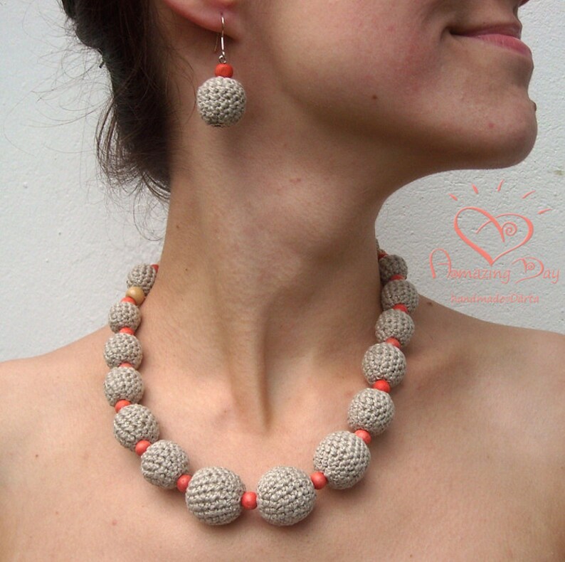 LINEN Jewelry SET, Rustic Crochet Bead /ball Necklace & Earrings ...