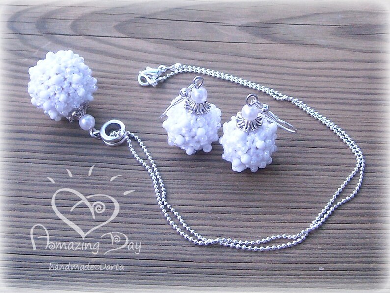 White Elegant Jewelry SET- Pendant Necklace & Earrings. Handmade Bridal ...