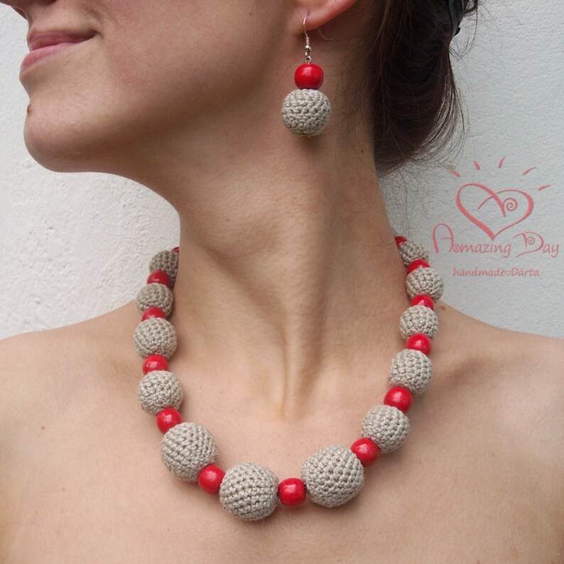 LINEN Jewelry SET, Rustic Crochet Bead /ball Necklace & Earrings ...