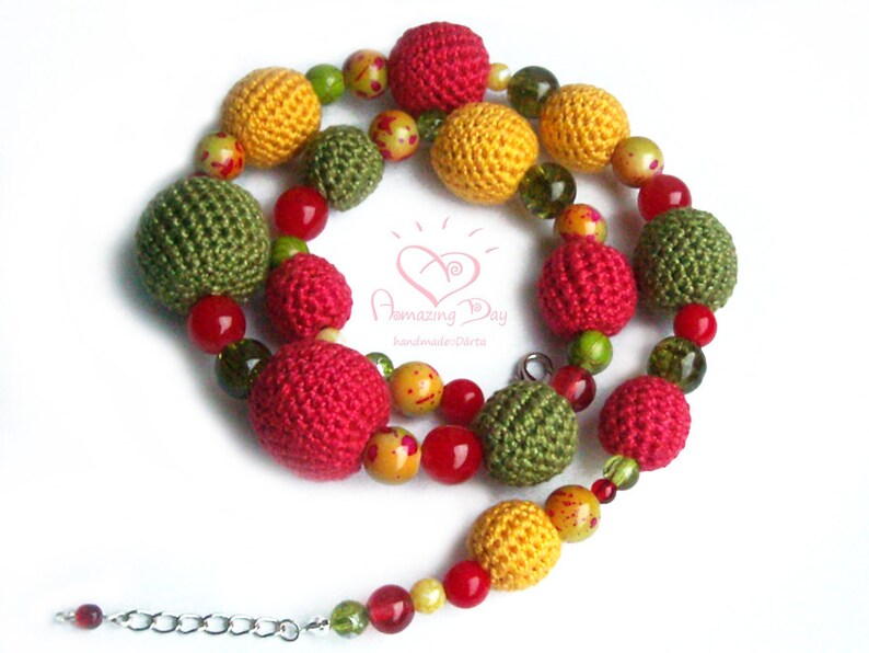 Crochet Bead NECKLACE. Red Green Yellow Bubble Necklace. Bright Jewelry ...