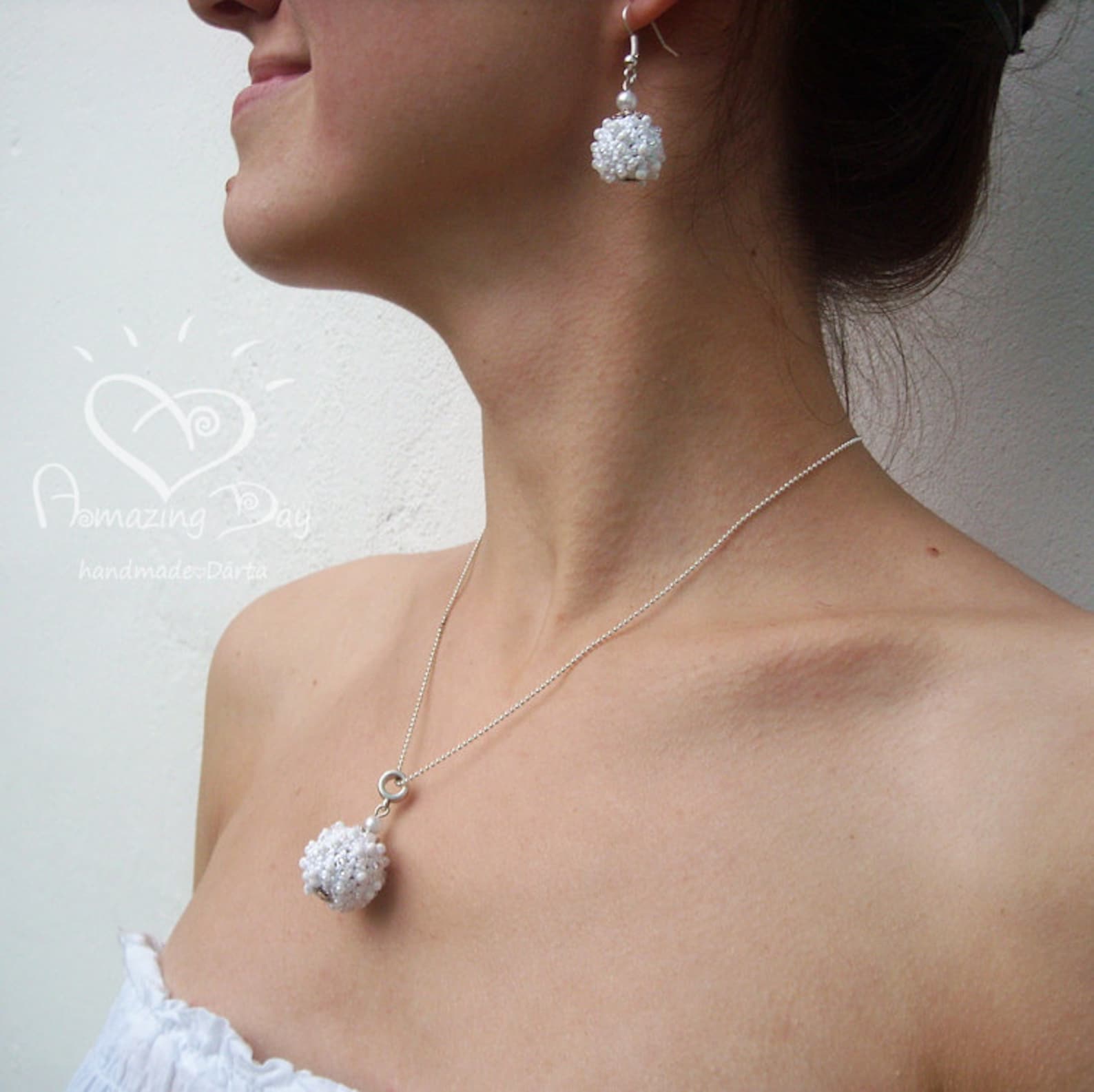 White Elegant Jewelry SET Pendant Necklace & Earrings. Handmade Bridal ...