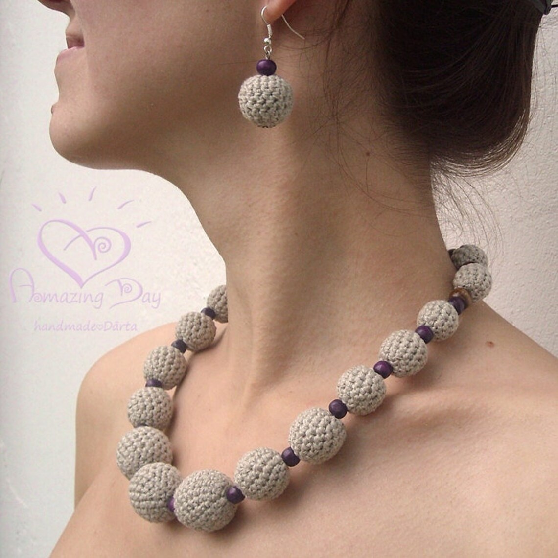 LINEN Crochet NECKLACE, Rustic Crochet Bead Wooden Beads. Purple, Lilac ...