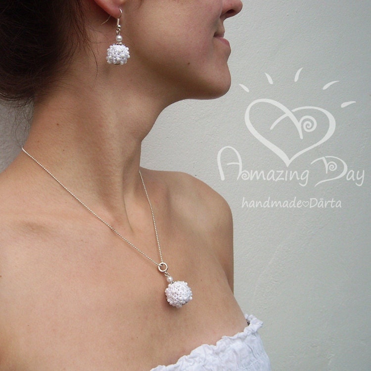 White Elegant Jewelry SET- Pendant Necklace & Earrings. Handmade Bridal ...