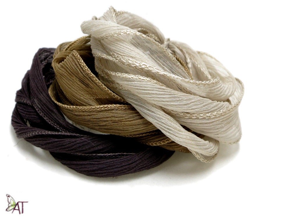 Silk Crinkle Ribbon Set of 3 Hand Dyed mix No2 beige | Etsy