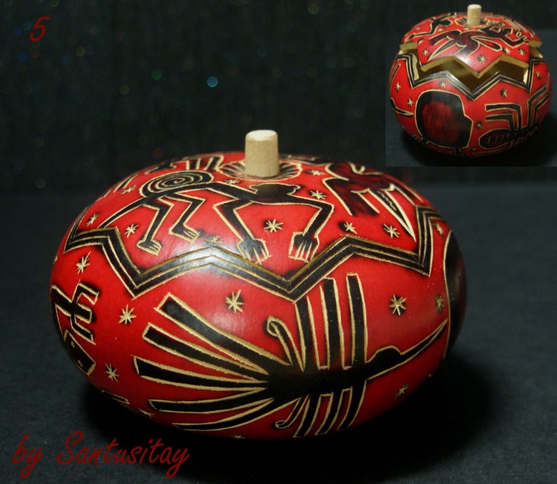 South American Carved Gourd Calabash sugar bowl jewelry casket | Etsy