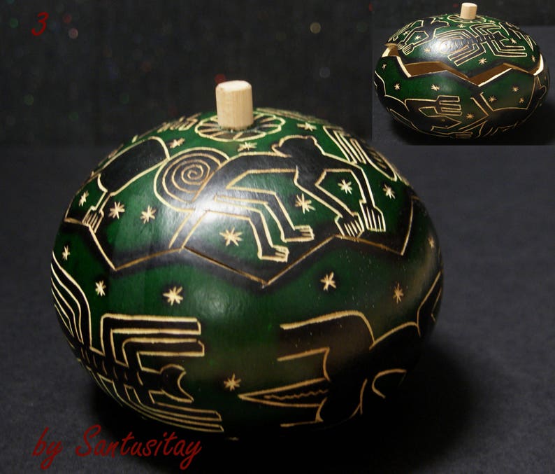 South American Carved Gourd Calabash sugar bowl jewelry casket | Etsy