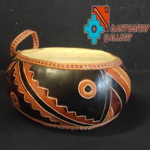 South American Carved in Calabash Drum Instrument Peruvian Folk Art ...