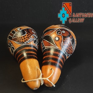 South American Carved Instrument Maracas Rattles Peruvian Folk Art Hand ...