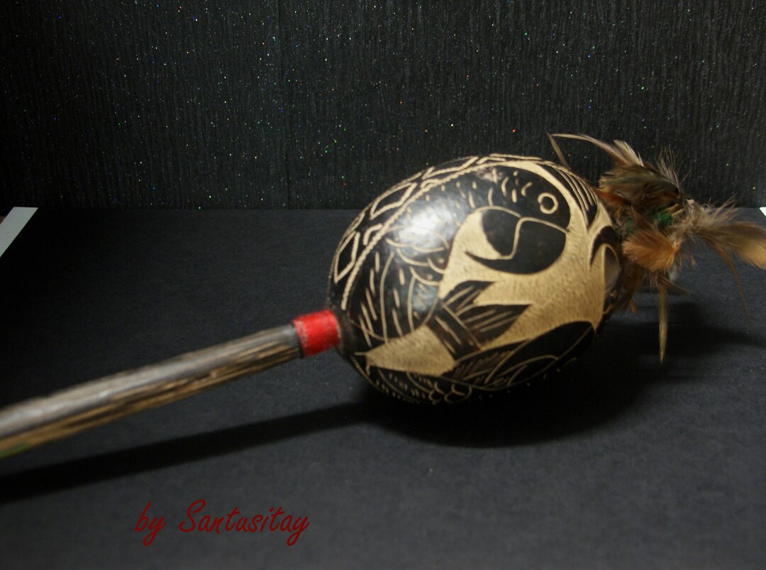 South American Carved Instrument Tutuma Fruit Maracas Rattles Shipibo ...