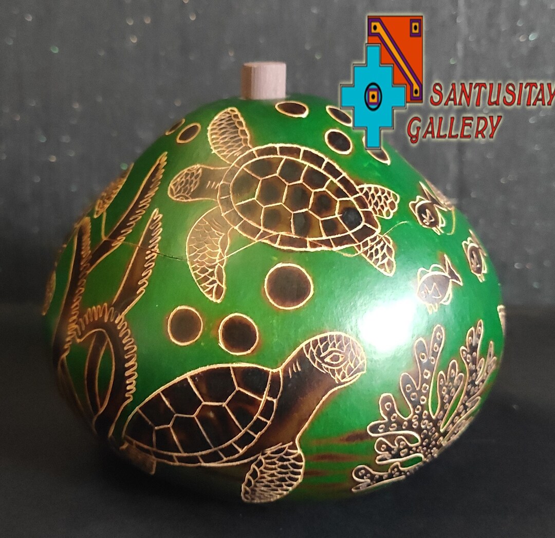 Peruvian Carved Gourd Calabash Sugar Bowl Jewelry Casket Green Buterfly ...