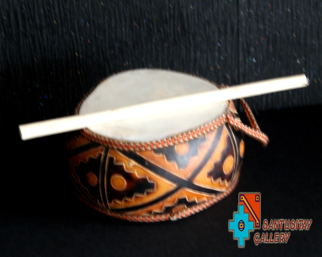 South American Carved in Calabash Drum Instrument Peruvian Folk Art ...