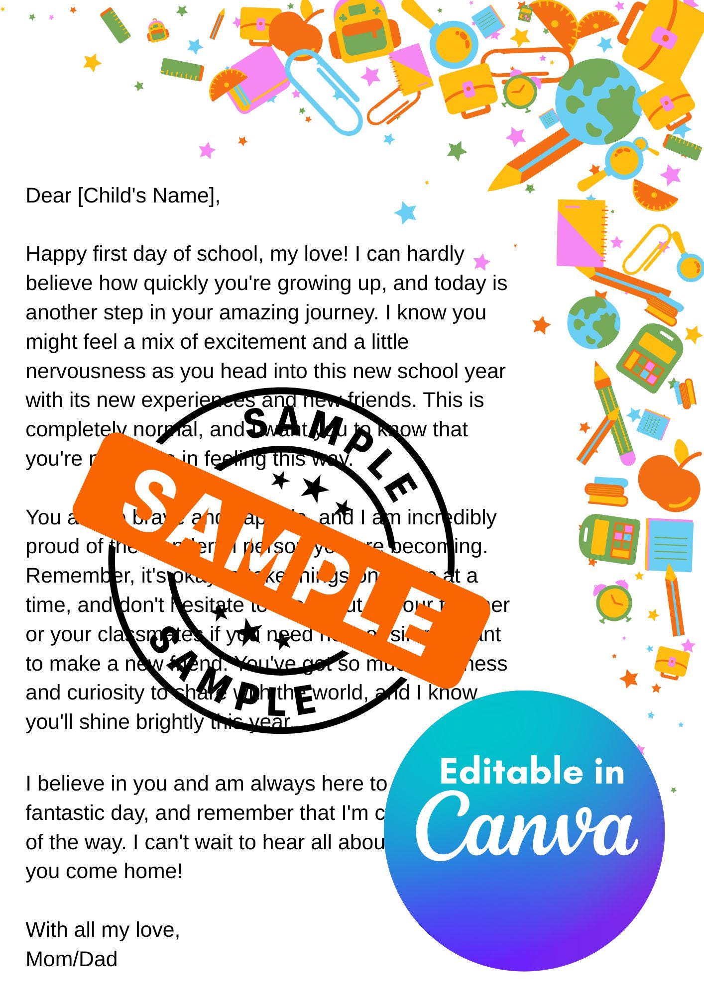 Editable First Day of School Note – Printable Backpack or Lunchbox ...