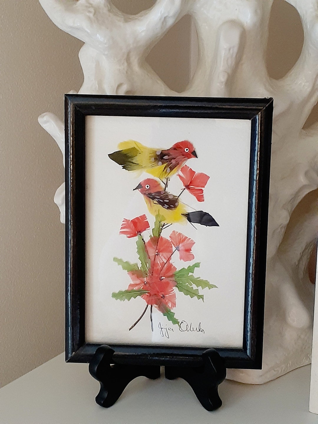 African Artist Jiji Oduka, Floral Bird Art, Framed Feather Collage ...