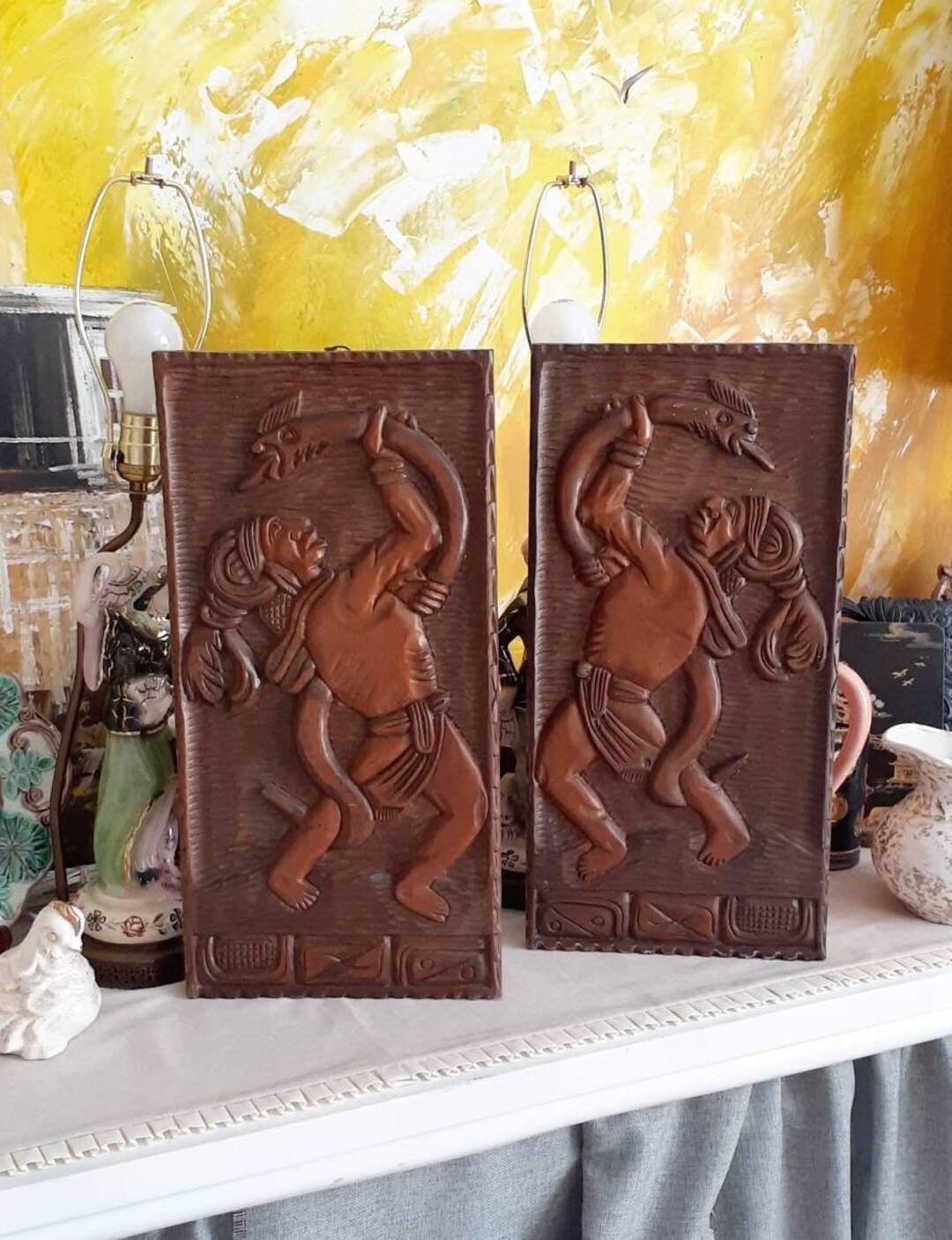 Vintage 60s Wall Panels, Mid-century Tribal Art, Carved Wood Plaques ...