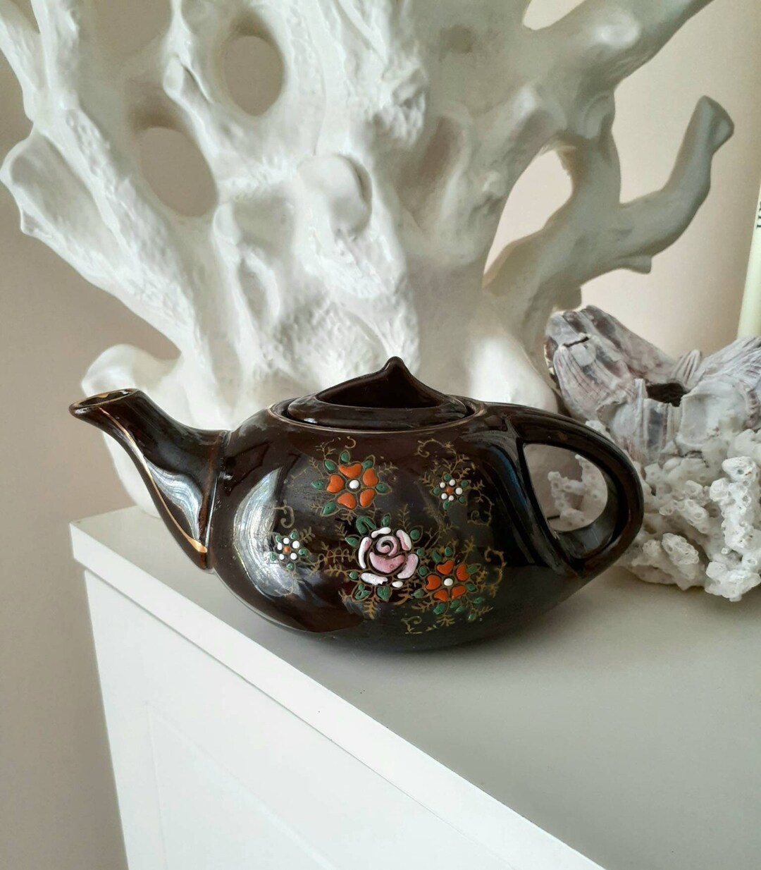 Vintage Redware Teapot Japan, Japanese Moriage, Handpainted Asian ...