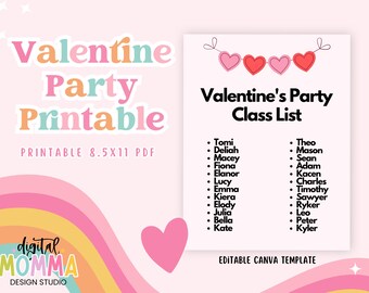 Valentine's Day Class List Template, Editable Canva Template, Instant ...