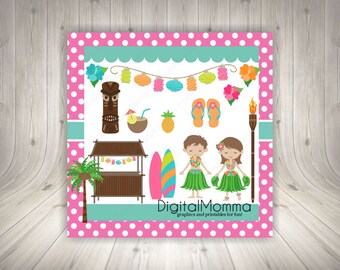 Hawaiian Luau Clipart / Hula Girl Hibiscus Tiki Clip Art