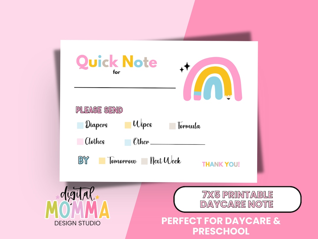 Quick Note, Daycare Note, Printable Reminder, Daycare Card ...