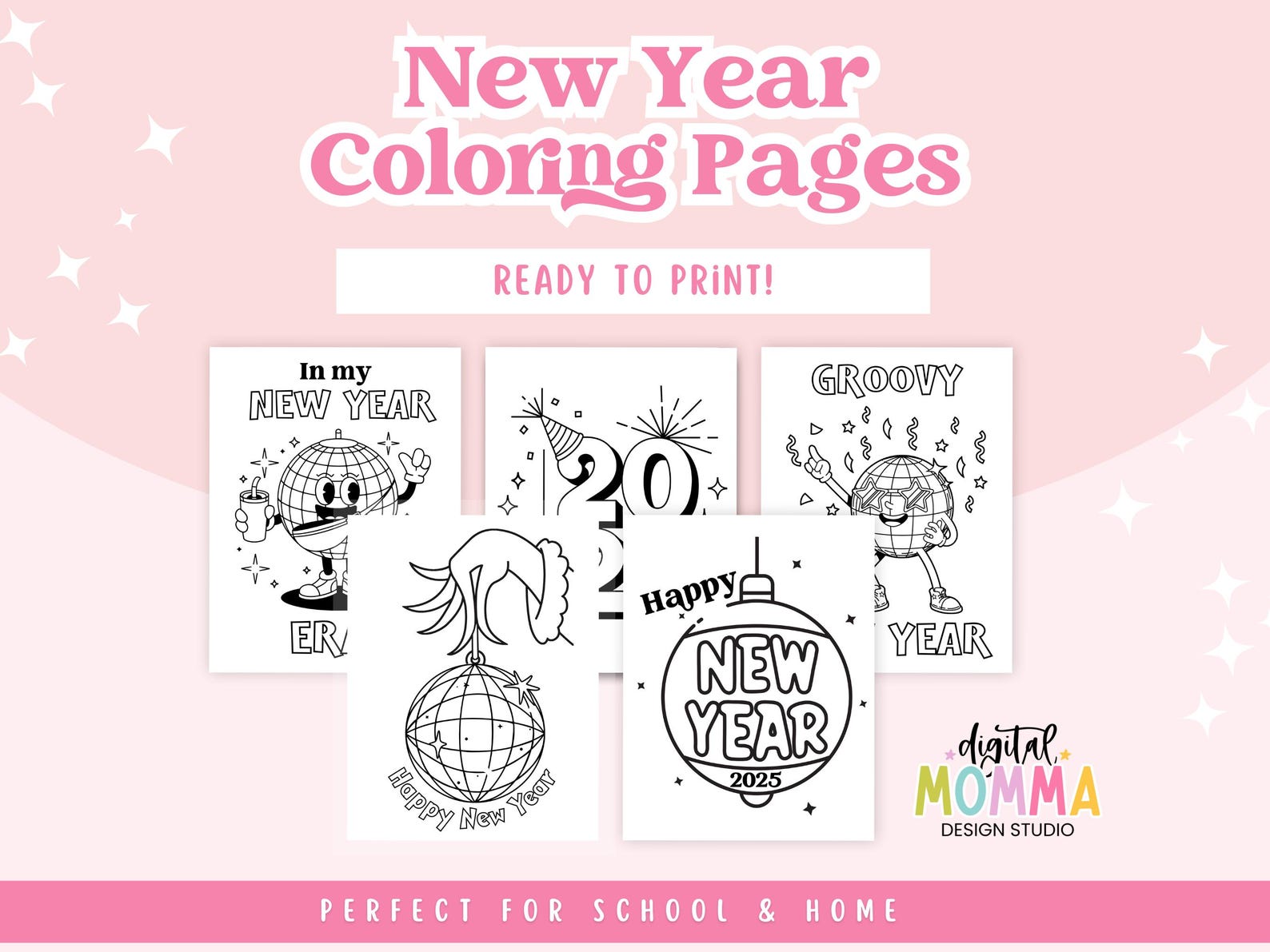 Printable Retro New Year 2025 Coloring Pages, Happy New Year Classroom ...