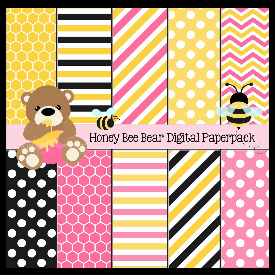 Honey Bear, Bee Digital Paper Pack, 12x12, 10 Papers, Bonus Clipart ...