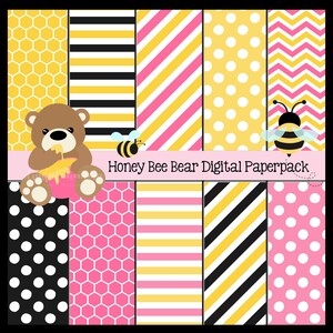 Honey Bear, Bee Digital Paper Pack, 12x12, 10 Papers, Bonus Clipart ...