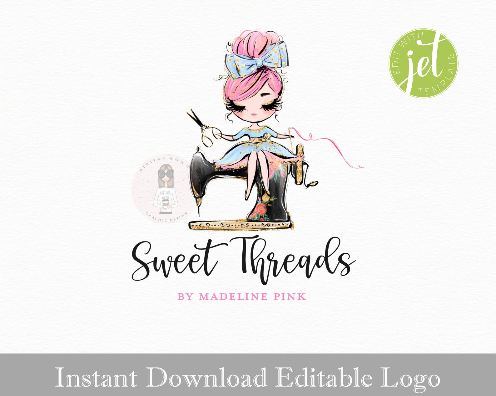 Editable Pink Sewing Girl Logo Design Pink Girl Logo - Etsy