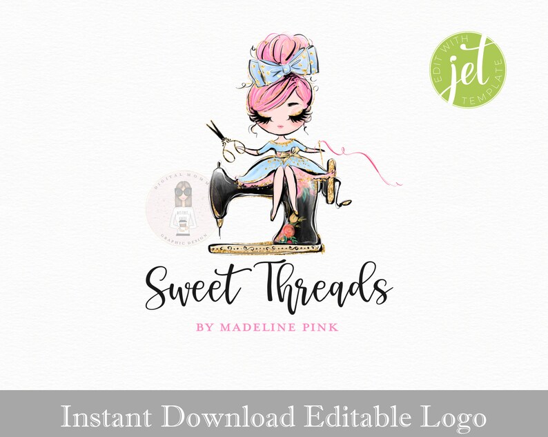 Editable Pink Sewing Girl Logo Design Pink Girl Logo - Etsy