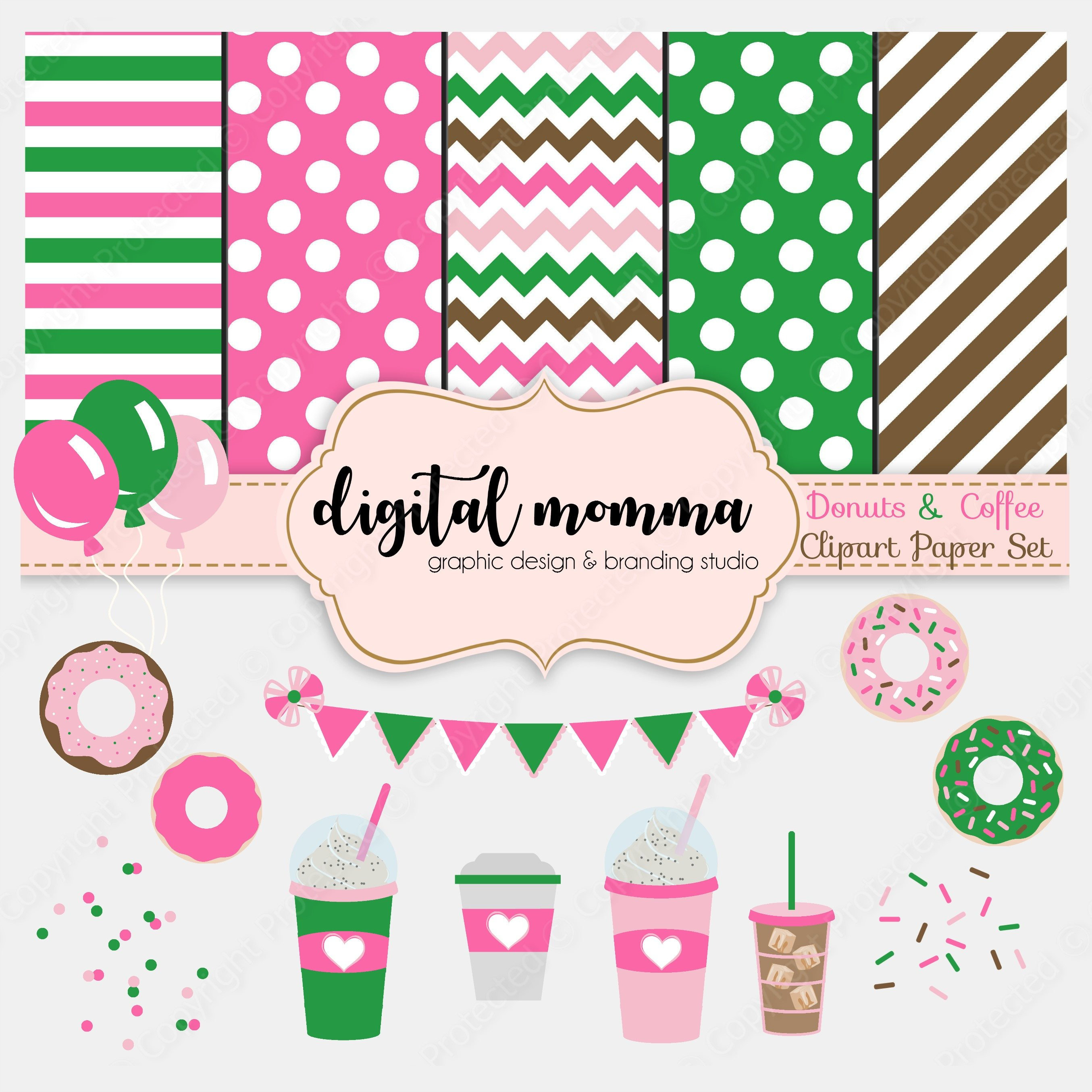 Donut and Coffee Clipart, Digital Paper Set, Donut Party, Confetti ...